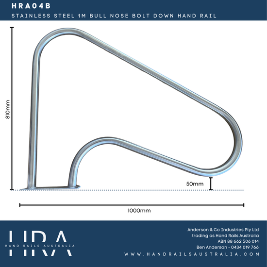 Stainless Steel 1m Bull Nose Bolt Down Hand Rail - Hand Rails Australia