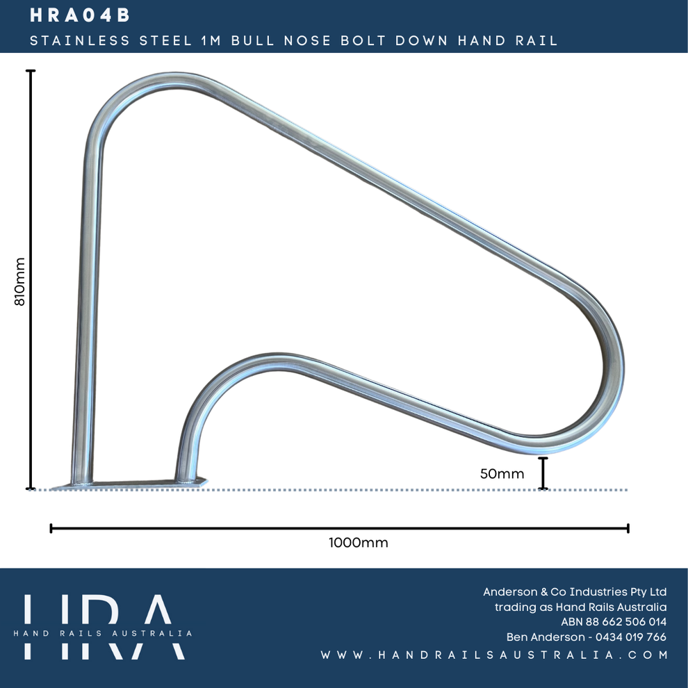 Stainless Steel 1m Bull Nose Bolt Down Hand Rail - Hand Rails Australia